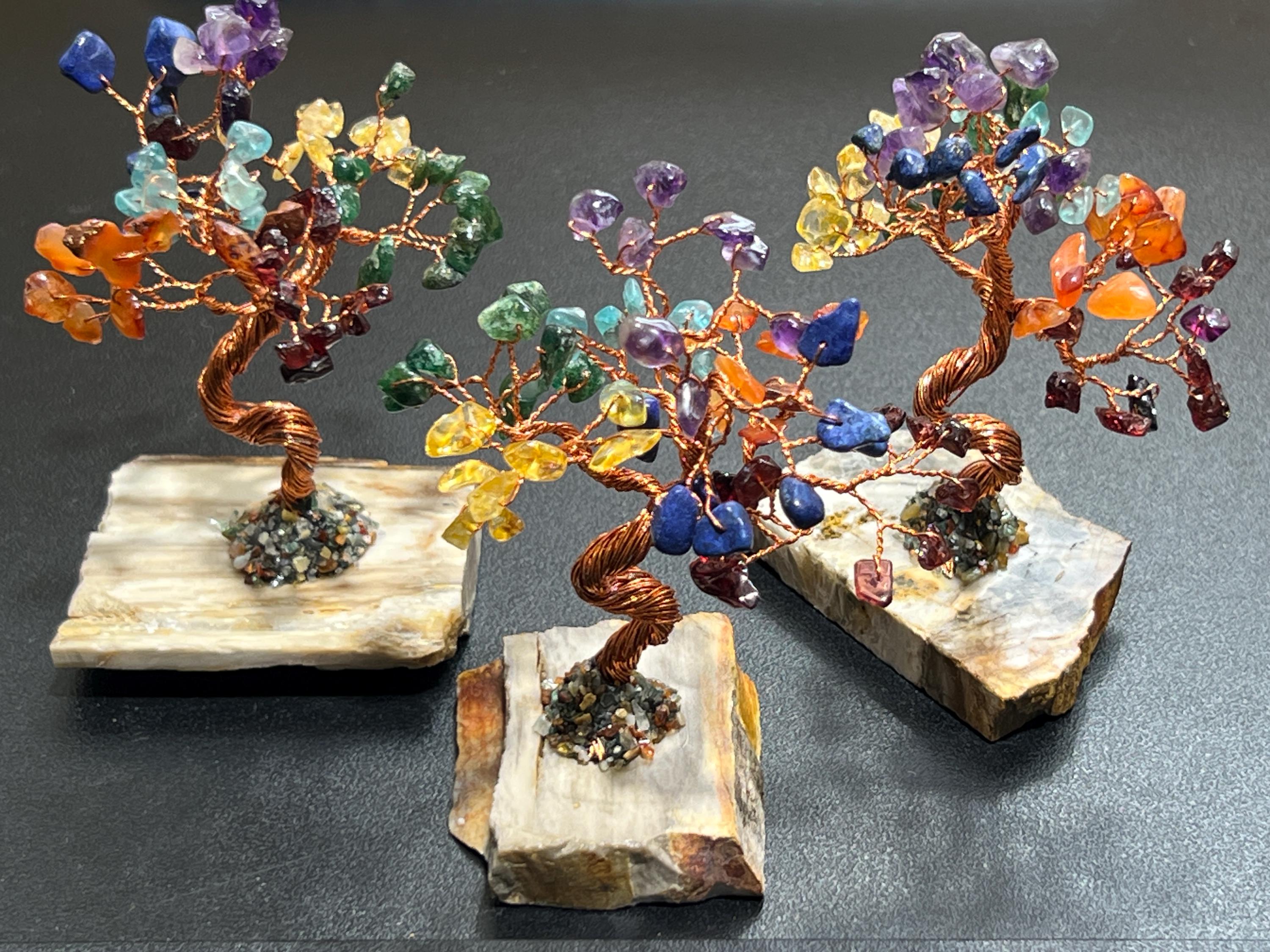 Gemstone Crystal Bonsai Tree (7-Stones)(Petrified Wood Base Carving) W ...